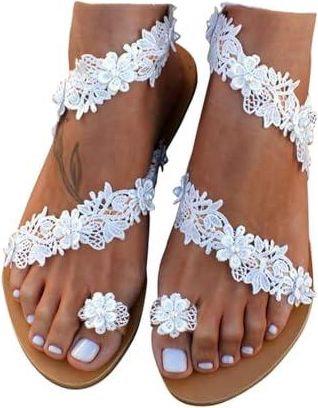 Generic Sandales plates avec strass pour femme, style boh&egrave;me 2026, avec fleur et perles, sangle de cheville, anneau dorteil, tendance, d&eacute;contract&eacute;, confortabl