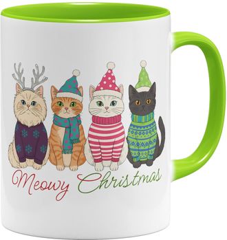 OM3 Meowy Christmas Kaffee-Tasse mit s&uuml;&szlig;en K&auml;tzchen - Weihnachtstasse 4 niedliche Katzen IV - Keramik Becher - 325ml - Beidseitig Bedruckt - Hellgr&uuml;n
