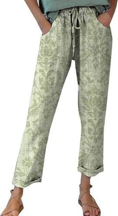 Generic Pantalon L&eacute;ger Femme Ete en Lin Taille Elastique Ceinture &Eacute;lastiqu&eacute;e Femme Taille Haute Poche Automne Lin Imprim&eacute; Pantalons D&eacute;contract&eacute;s Grande Pantal