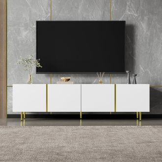 Merax TV Schrank Wei&szlig; Hochglanz, TV Lowboard mit 4 T&uuml;ren, Moderner Fernseher Schrank mit Goldfarbenen Linienverzierung, Wei&szlig; Hochglanz, 170x35x46 cm