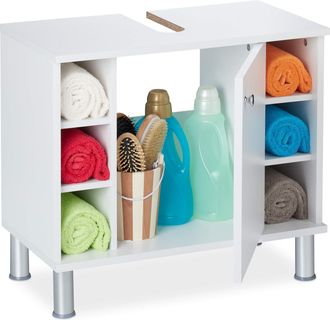 Relaxdays Waschbeckenunterschrank, eintürig, 7 Fächer, Siphon-Ausschnitt, MDF Badezimmerschrank, HBT 53,5x60x32 cm, weiß