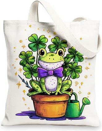 Generic Sac fourre-tout en toile motif amphibien mignon, sac de courses réutilisable, respectueux de lenvironnement, léger, lavable, blanc, 13x15 Inch