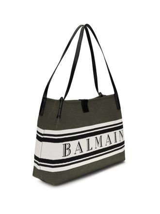 Balmain Womens Medium Canvas And Leather Release Tote Uje Dark Olive- Noir- Blanc Cotton; Polyester Shoulder Bags Olive/ Noir