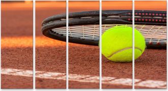 Islandburner Bild auf Leinwand Tennis Schl&auml;ger und Ball auf Sandplatz Bilder Wandbilder Poster