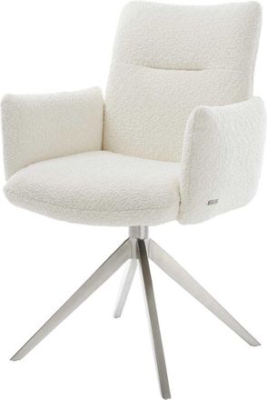 DELIFE Esszimmerstuhl Jova-Flex mit Armlehnen Kreuzgestell breit Edelstahl Boucl&eacute; Wei&szlig; 360&deg; drehbar Wippfunktion Taschenfederkern