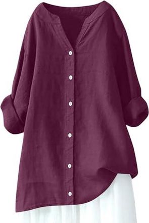 Generic Hauts &agrave; manches longues pour femmes, chemisiers habill&eacute;s d&eacute;contract&eacute;s, chemisiers d&eacute;t&eacute; en coton et lin, chemises &agrave; manches retroussables avec boutons,