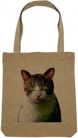 Fabulous Sac Shopping Tote Bag Aspect Lin - Chat Europeen Blanc et Tigre Yeux Verts Mignon - Sac de Courses Toile Epaisse 360g Beige Naturel Cabas Port&eacute; Epaule