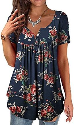 ORANDESIGNE Shirt Femme Fleurs Col en V été Casual Ample Grande Taille Manche Longue Tuniques Blouse Longue Chemisie Henri Hauts à Manches Courtes Tops Tee Shirt 