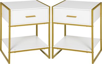 HOMCOM 2er Set Nachttisch, Nachtkommode, Nachtschrank mit Schublade und offenem Regal, Beistelltisch für Schlafzimmer, Wohnzimmer, 45 x 40 x 60 cm, Weiß+Gold