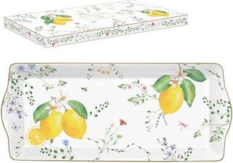 Easy Life COFFRET PLAT A CAKE 35X15CM EN PORCELAINE FLEURS ET CITRONS