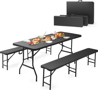 Sekey Bierzeltgarnitur Klappbar Kunststoff | Tisch + 2 x Bierbank mit Tragegriffe Gartenm&ouml;bel Set | 180cm Festzeltgarnitur f&uuml;r drinnen - drau&szlig;en | Biertisch