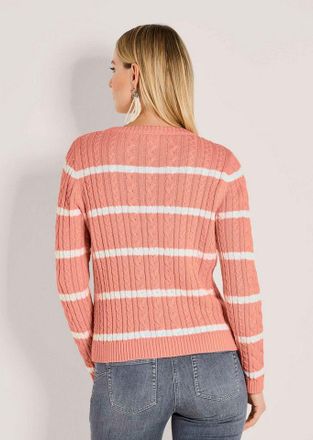 Madeleine Strickpullover Moderner Baumwollpullover mit Zopfmuster und Ringel-Design Kurz geschnittener Herbstpullover mit Rundhals und Langarm