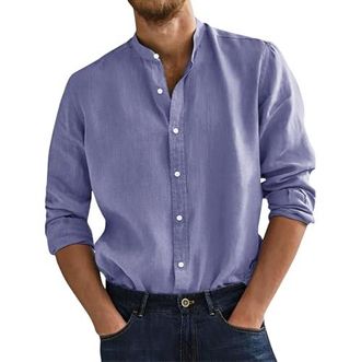 Generic Chemise pour homme &agrave; col grand-p&egrave;re &agrave; manches longues en lin chemise de loisirs boutonn&eacute;e d&eacute;contract&eacute;e unie col bande intelligente chemise de plage po
