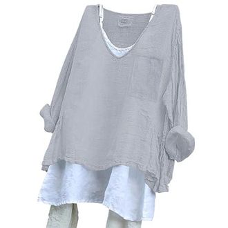 Generic Chemisier Femme Coton Et Lin Chic Et Elegant D&eacute;contract&eacute;s Chemisiers Et Blouses D&eacute;t&eacute; &Agrave; Manches Longues Col V Loose Top Legers Respirant Tunic Mode Cot