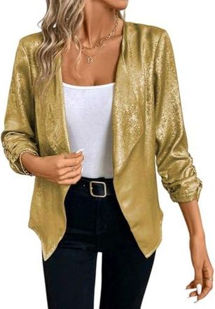 Generic Blazer pour Femme - Veste Blazer Scintillante pour Femme Cardigan Ouvert sur Le Devant Manches 3/4 Fronc&eacute;es Col &Agrave; Revers Veste De Tailleur &Eacute;l&eacute;gante Et