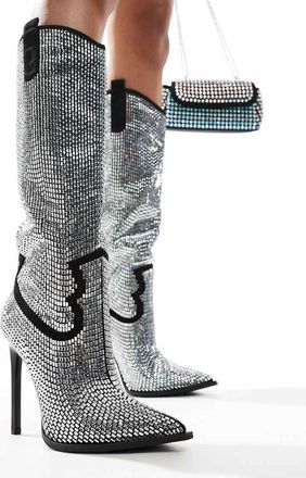 Azalea Wang Azalea Wang - Heidemarie - Kniehohe, verzierte Westernstiefel in Schwarz und Silberoptik