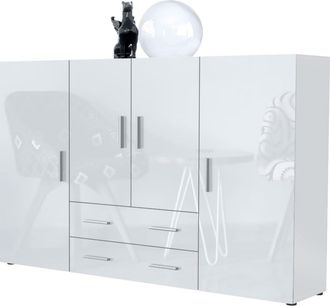 Vladon Highboard Nora Anrichte mit 2 Schubladen und 4 Türen mit insgesamt 8 Fächer dahinter, Weiß matt/Weiß Hochglanz (166,5 x 106,5 x 35 cm)