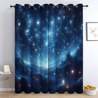 Generic Blickdicht Vorhänge Blauer Sternenhimmel B168 x H229cm Verdunklungsvorhänge 3D Druck Gardinen Ösenvorhang, Thermovorhang 2er Set Dekogardinen für Schl