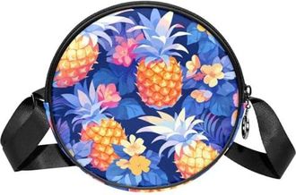 Generic Sac &agrave; bandouli&egrave;re rond pour femme, motif fleurs dananas avec fermeture &eacute;clair, bretelles r&eacute;glables, sac &agrave; main rond d&eacute;contract&eacute; pour femmes et filles