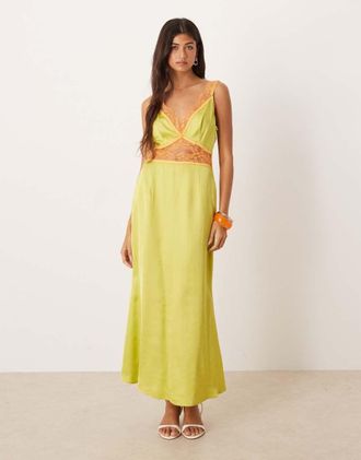 Never Fully Dressed Mimi - Robe nuisette longueur mollet en satin et dentelle - Citron vert et orange