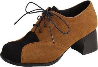 SJJH Chaussures Oxford pour femme Talon 5,5 cm | Velours synth&eacute;tique bicolore avec lacets | Casquette carr&eacute;e pour le bureau et les loisirs, marron, 36 EU