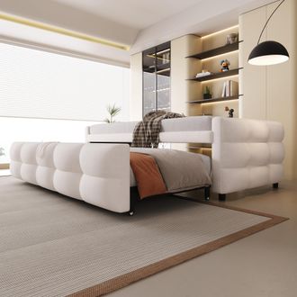 Merax Schlafcouch Ausziehbar 90/180 x 190 cm, Sofa Bett 2 Sitzer mit Schlaffunktion, Klappsofa mit Lattenrost, Samtstoff, Beige (Ohne Matratze)