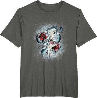 Betty Boop T-Shirt fr Mdchen mit Rosen-Ttowierung, Schwarz, S, Kurzarm, Klassisch, Cartoon-T-Shirt