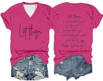 Generic T-shirt pour femme avec motif inspirant et col en V, d&eacute;contract&eacute;, manches courtes, Rose, XXL