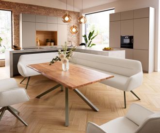 DELIFE Esszimmerbank Taya-Flex 285x190 cm Boucl&eacute; Creme-Wei&szlig; Kreuzgestell kantig Effektfinish Titan Taschenfederkern Rechts, B&auml;nke