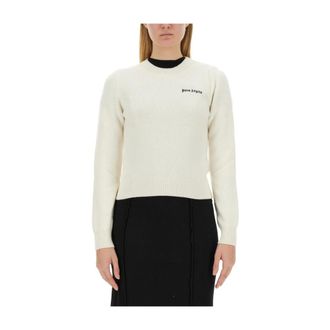 Palm Angels Femme, Pulls, Beige, Taille: 42 FR Maille Tricot&eacute;e &agrave; Col Rond