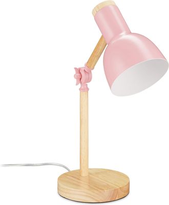 Relaxdays Schreibtischlampe, verstellbare Retro Tischlampe, Holz & Metall, E14 Fassung, Leselampe, 45,5 x 14,5 cm, rosa