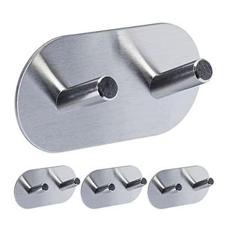 Relaxdays Handtuchhaken selbstklebend, 4er Set, Doppelhaken für Handtücher, Edelstahl, Bad, Küche, HBT 5x10x3 cm, silber