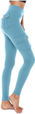 Generic Legging cargo pour femme avec poches, contr&ocirc;le du ventre, pour entra&icirc;nement, course &agrave; pied, gym, fitness, bleu ciel, XXL