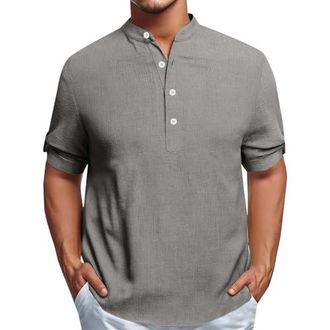 Generic Chemises en lin pour homme - Chemises &agrave; manches courtes en coton et lin pour homme - Polo &agrave; manches courtes - Col en V - Lot long - Blanc - T-shirt de