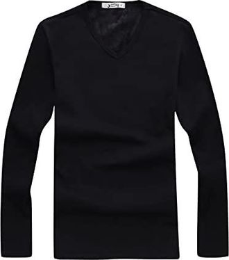 Generic et Spandex couleur unie manches longues col en V pull grande taille slim t-shirt porter confortablement t-shirts, Noir, XXL