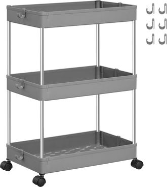 Songmics Rollwagen, K&uuml;chenwagen, K&uuml;chenregal, Nischenregal, mit 6 Haken, 360&deg; drehbare R&auml;der, Stahlgestell, Bad, K&uuml;che, B&uuml;ro, 3 Ebenen, grau KSC009G01