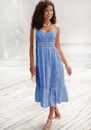 Buffalo Midikleid mit hochwertiger Lochstickerei luftiges Sommerkleid aus Baumwolle, Spaghettikleid,Boho-Kleid, elegant