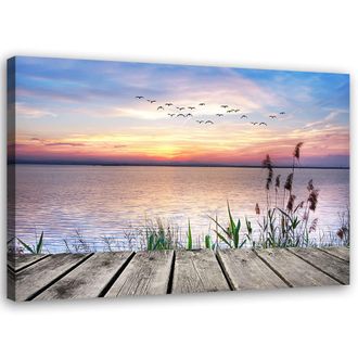 Feeby Vlies Leinwandbild XXL Strand Sonnenuntergang See Holzsteg 120x80 cm Wandbild Kunst Bilder Schlafzimmer Deko Wohnzimmer V&ouml;gel Wasser Himmel Ferien Bla