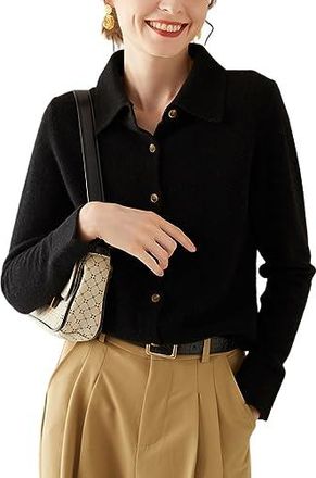 Dissa Gilet Cachemire Femme Revers Noir Boutonné Tricoté Mince Manches Longues Fin Cardigan en Cachemire et Laine,38,SH346