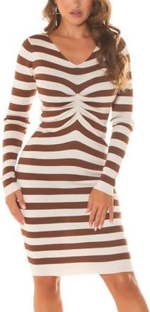 Koucla Robe ray&eacute;e &agrave; manches longues en tricot midi avec aspect fronc&eacute;, marron, Taille unique