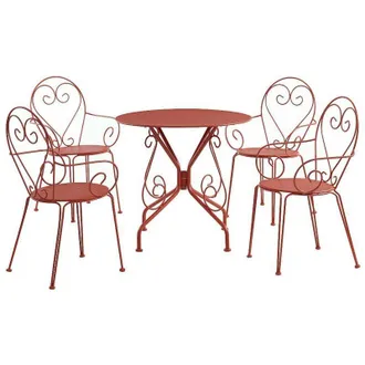 Vente-Unique Salle &agrave; manger de jardin en m&eacute;tal fa&ccedil;on fer forg&eacute;: une table et 4 fauteuils empilables - Terracotta - GUERMANTES de MYLIA