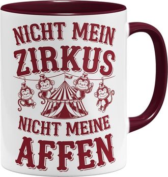 OM3 lustige Kaffee-Tasse mit Spruch - Nicht mein Zirkus nicht meine Affen - Zirkuszelt Äffchen - Statement Bürotasse III | Keramik Becher | 325ml | Beidse