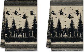 Generic Hexen-Küchentücher, 2er-Set, Halloween, Vintage, Bäume, Friedhof, schwarz, saugfähig, Küchenhandtücher, Urlaubsdekoration, 40,6 x 61 cm (2 Stück)