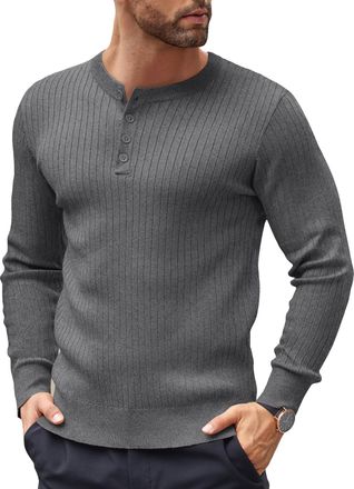 Coofandy Herren Pullover Henley Shirt Strickpullover mit Knopfleiste M&auml;nner Langarmshirt Pulli Slim Fit Mittelgrau 3XL
