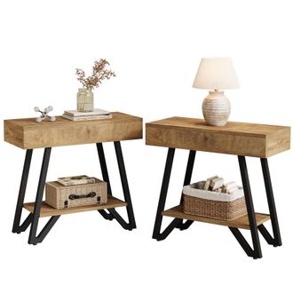 Tribesigns Beistelltisch f&uuml;r das Wohnzimmer, schmaler Couchtisch mit Ablagefl&auml;chen, Kleiner Nachttisch f&uuml;r das Schlafzimmer, kleine R&auml;ume, naturfarben (2er-Set)