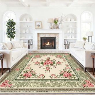 Generic Tapis Motif R&eacute;tro G&eacute;om&eacute;trique Floral Feuilles - 160 x 230 cm Antid&eacute;rapant Doux dint&eacute;rieur Tapis &agrave; Poil Ras pour Salon Chambre Salle de Jeux - Vert Oli