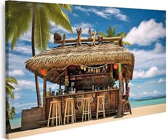 Islandburner Tableau sur Toile Bar Tiki sur la Plage, Palmiers, Ciel Bleu, sc&egrave;ne g&eacute;n&eacute;r&eacute;e par lIA Cadre Affiche Poster Murale Tableaux