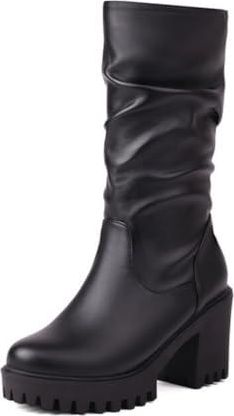 Generic Bottes Mi-Mollet Lâches Femme Bout Rond Dessus en Cuir PU Durable Talons Moyens Blocs À Enfiler Chaussures Décontractées Quotidiennes,Noir,40 EU