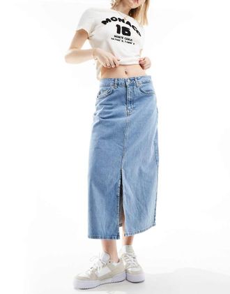 Selected Maxi-Jeansrock in heller Waschung-Blau