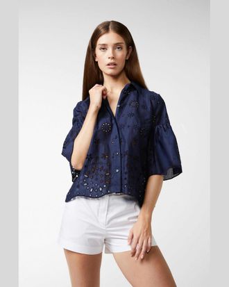 van Laack A-Linien Bluse mit R&uuml;schendetails und Stickereien aus Baumwolle Blau